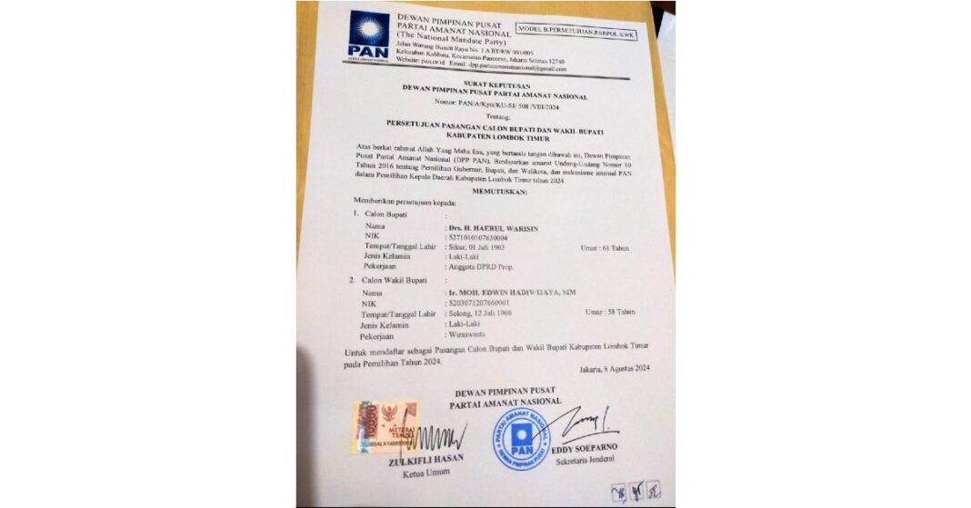 Pasangan Iron-Edwin Resmi Dapat Dukungan PAN di Pilkada Lotim